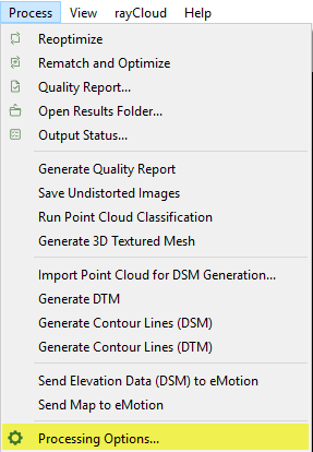 Menu Process > Processing Options - PIX4Dmapper